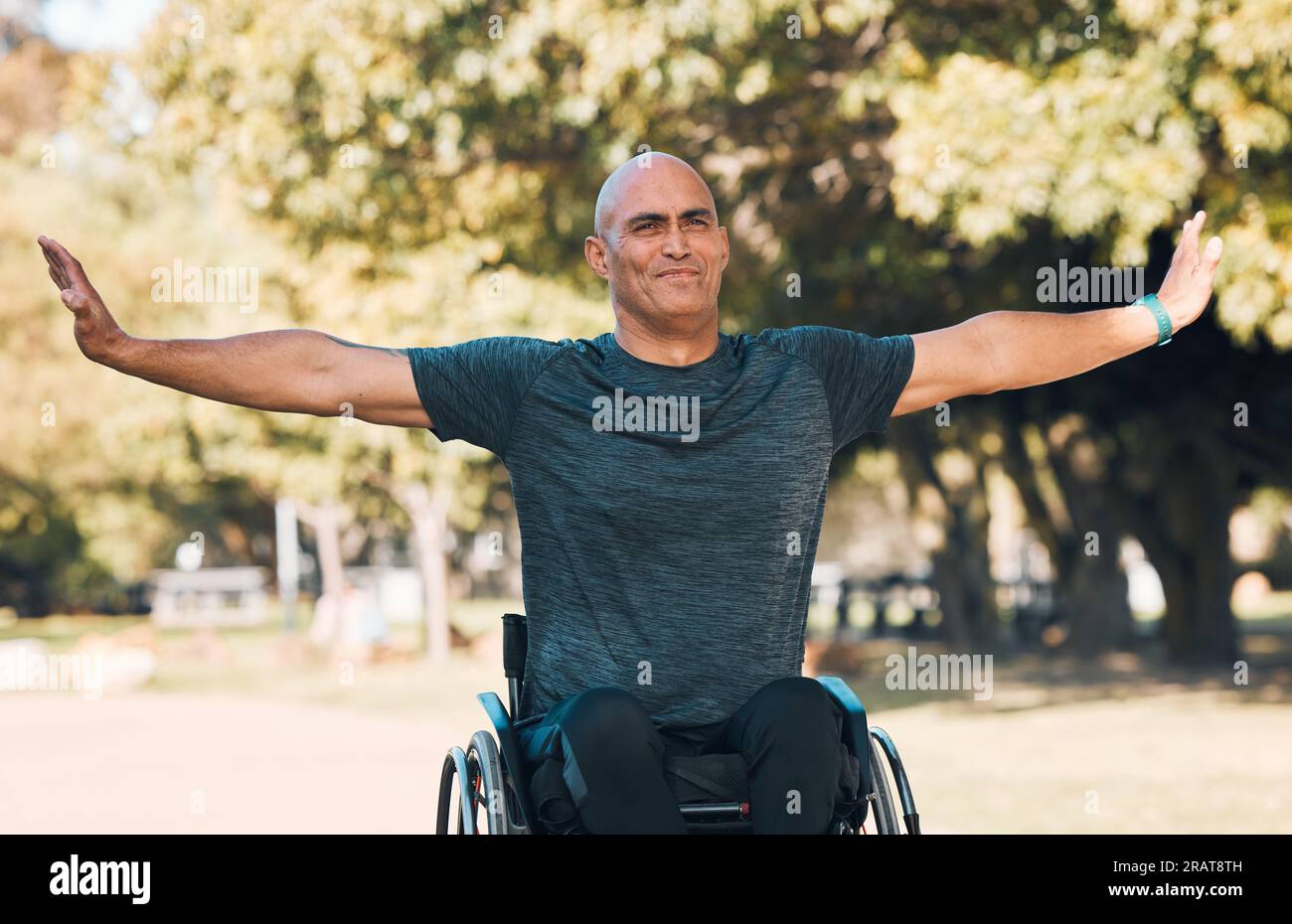 Stretching, fitness and wheelchair user in park for workout, health and ...
