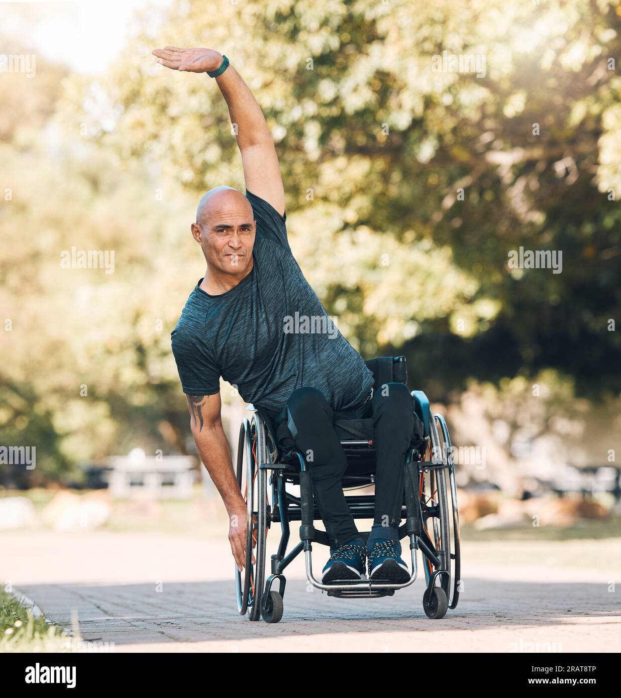 Stretching, workout and man with a disability in park for fitness and ...