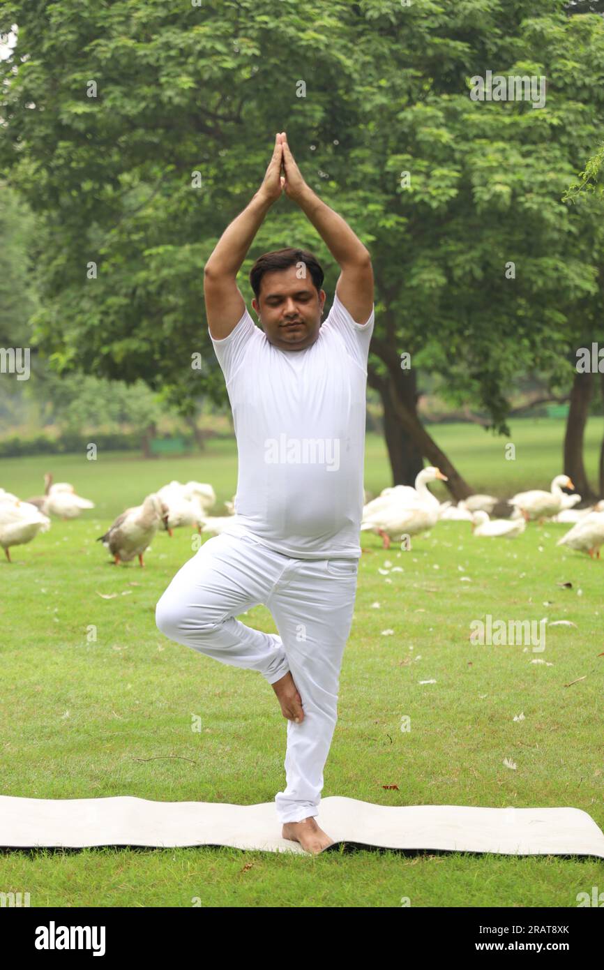 Obese man exercising and doing Yoga poses in green serene environment ...