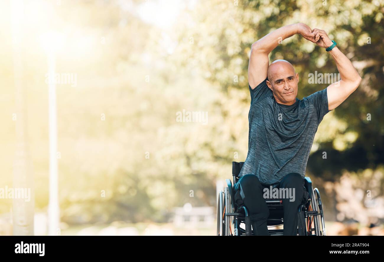 Stretching, start and wheelchair user man in park for training, workout ...