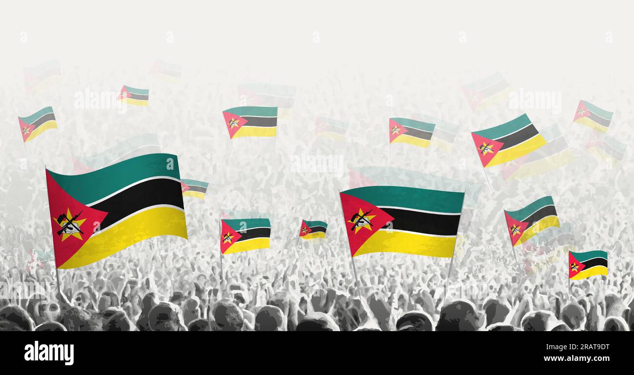 Abstract crowd with flag of Mozambique. Peoples protest, revolution ...