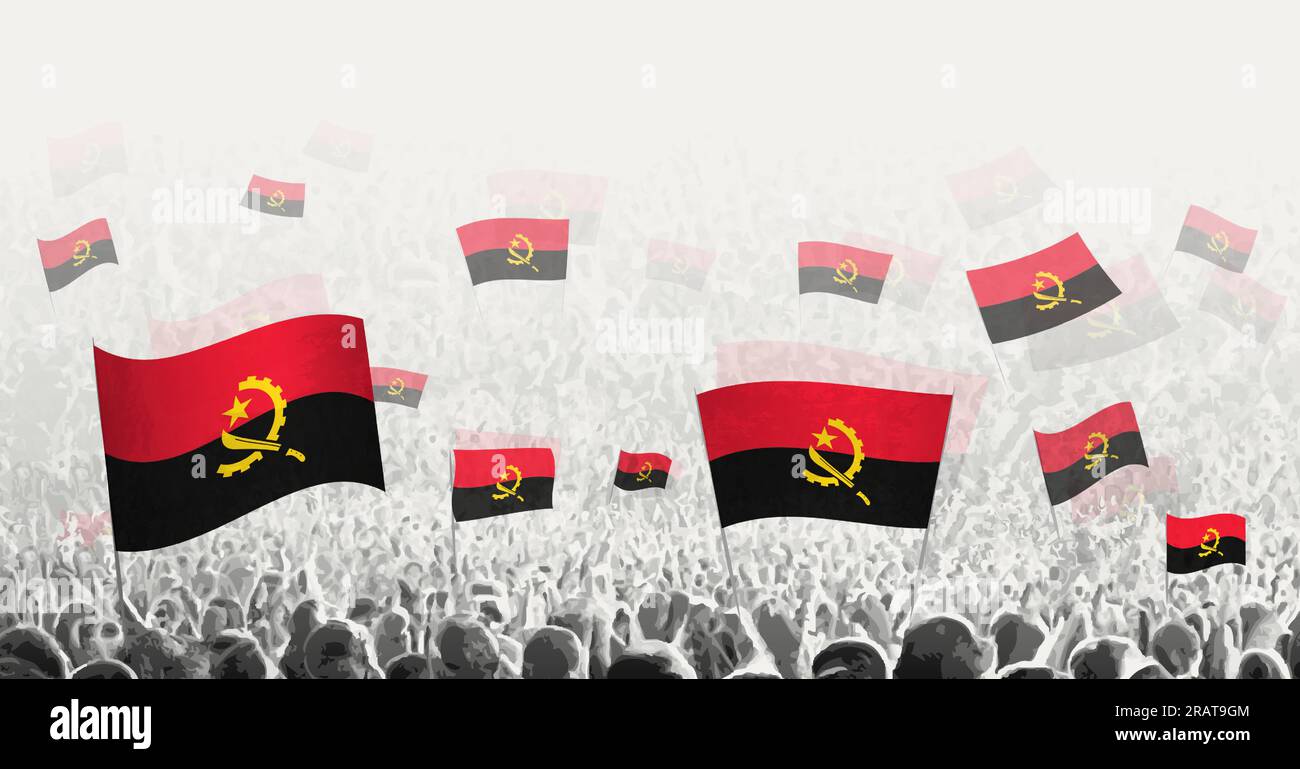 Abstract crowd with flag of Angola. Peoples protest, revolution, strike ...
