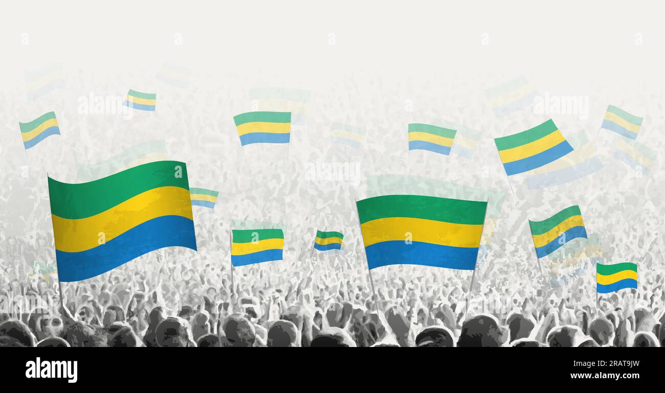 Abstract crowd with flag of Gabon. Peoples protest, revolution, strike ...