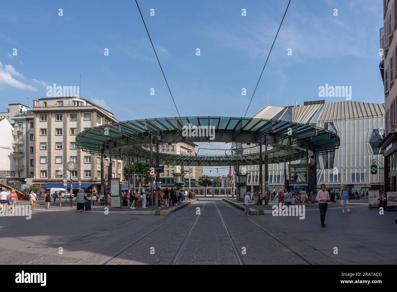 Strasbourg, France - 06 26 2023: View of Iron Man Square from the tram ...