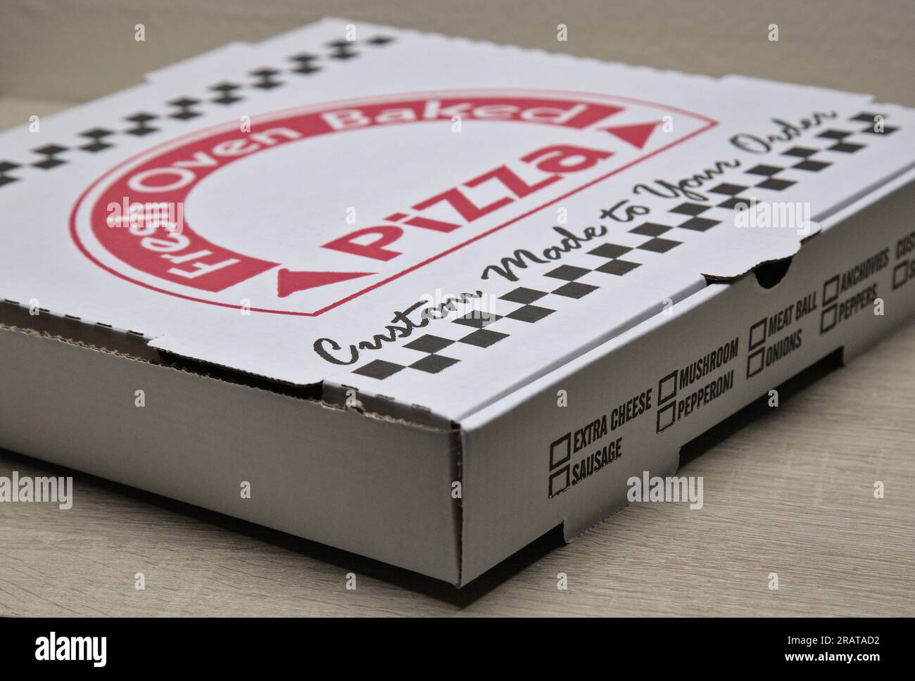 Generic white pizza box with label "fresh oven baked pizza Stock Photo ...