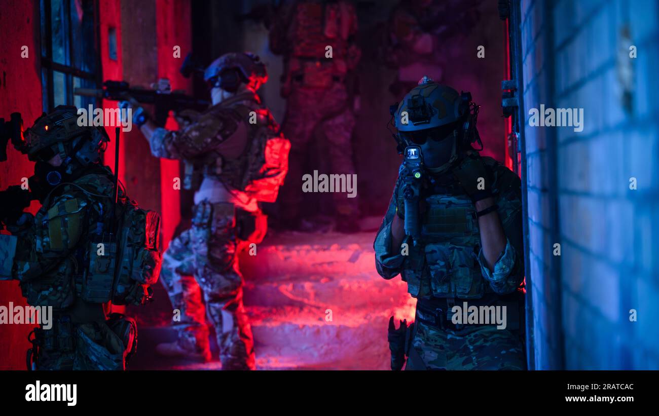 Expert team of soldiers attacking enemy during military operation, Army ...