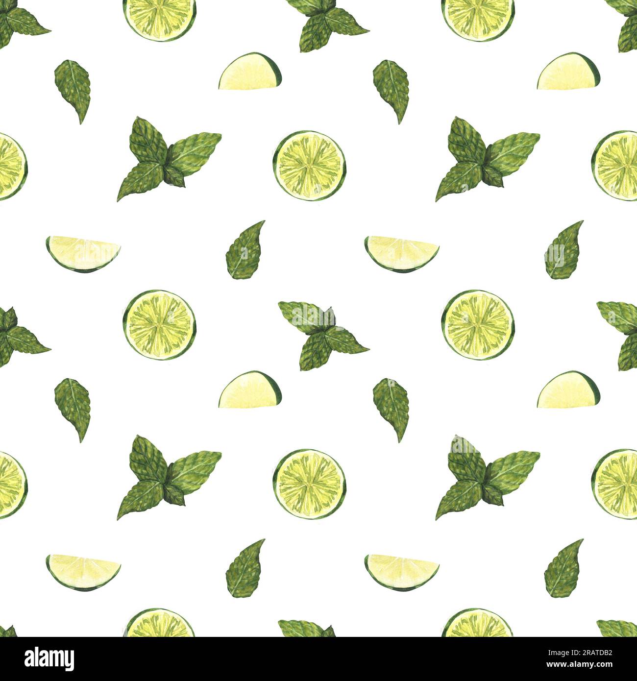 Watercolor seamless pattern mint leaves and lime. Hand-drawn ...
