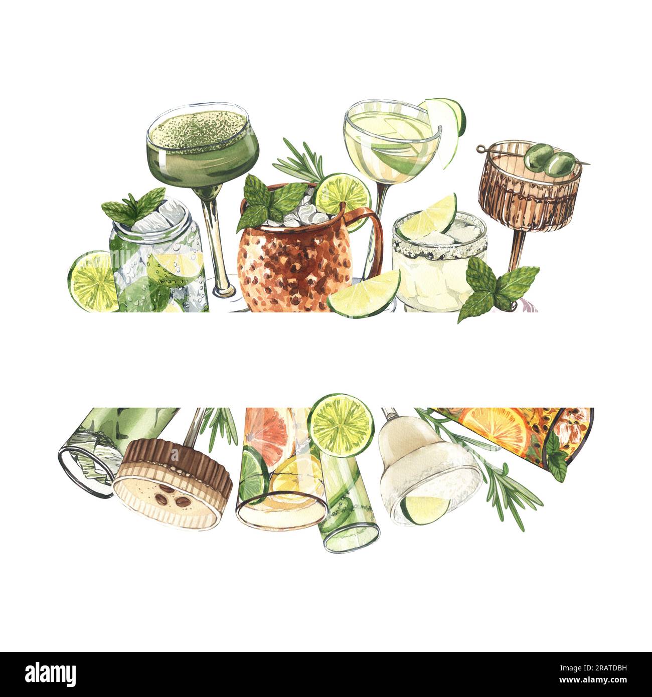 Watercolor frame, cocktail glasses: martini, gin,margarita,mojito ...