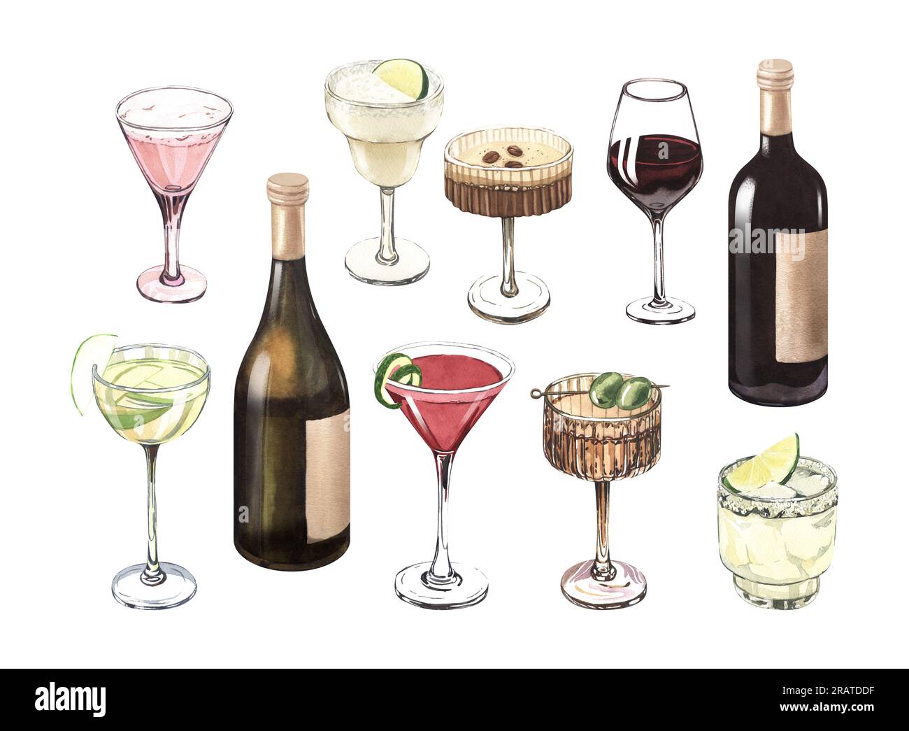 Watercolor cocktail glasses set: bottle, martini, gin, wine, margarita ...