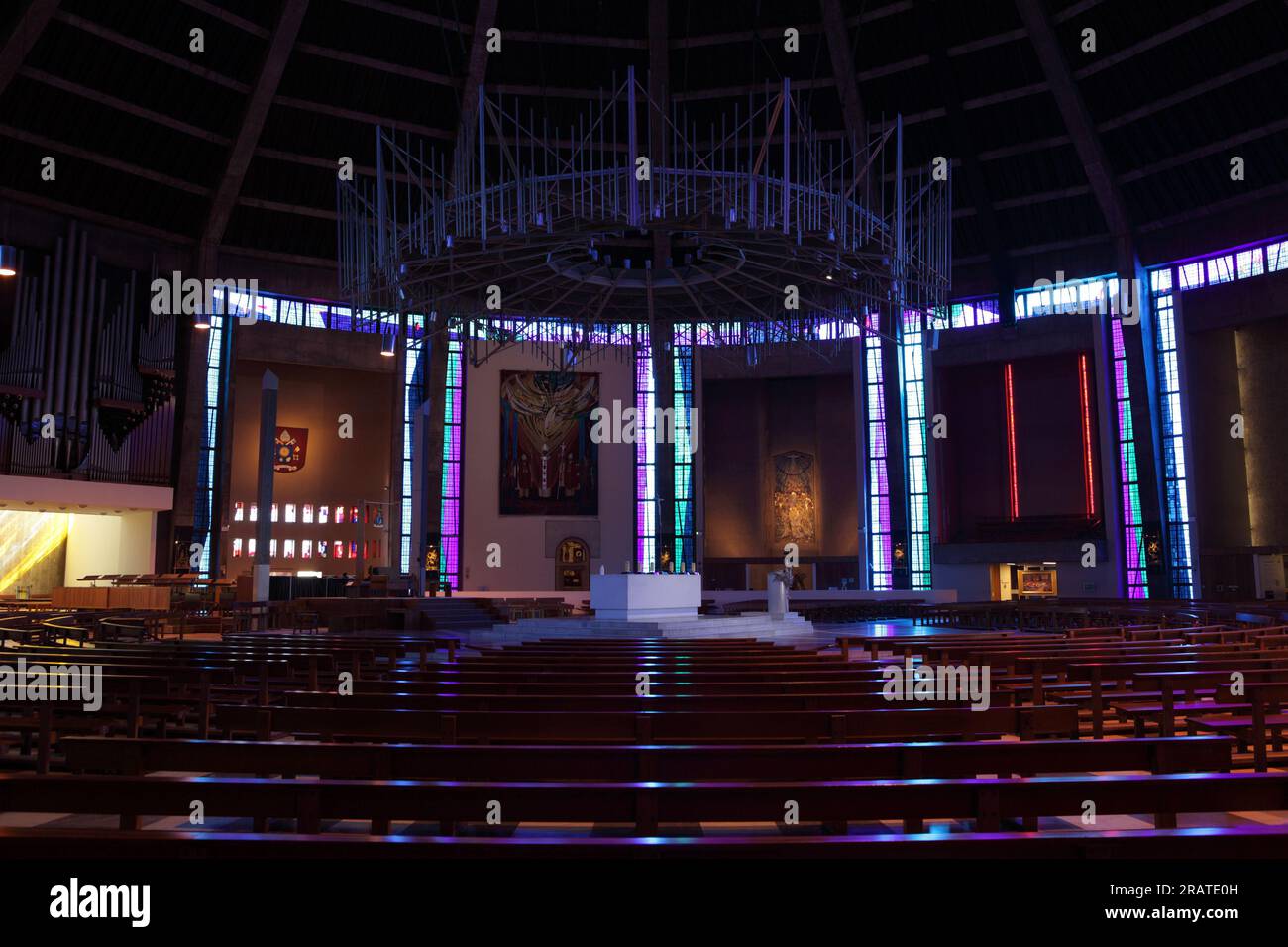 Liverpool Metropolitan Cathedral's interior, stained glass and circular ...