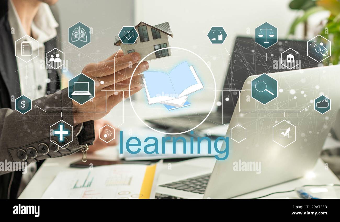 E-Learning Concept. Businessman Holding Holographic World Globe And ...
