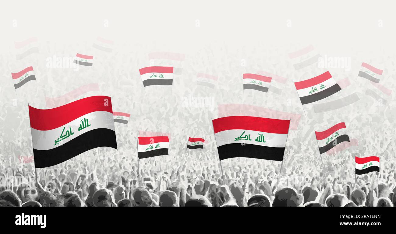 Abstract crowd with flag of Iraq. Peoples protest, revolution, strike ...