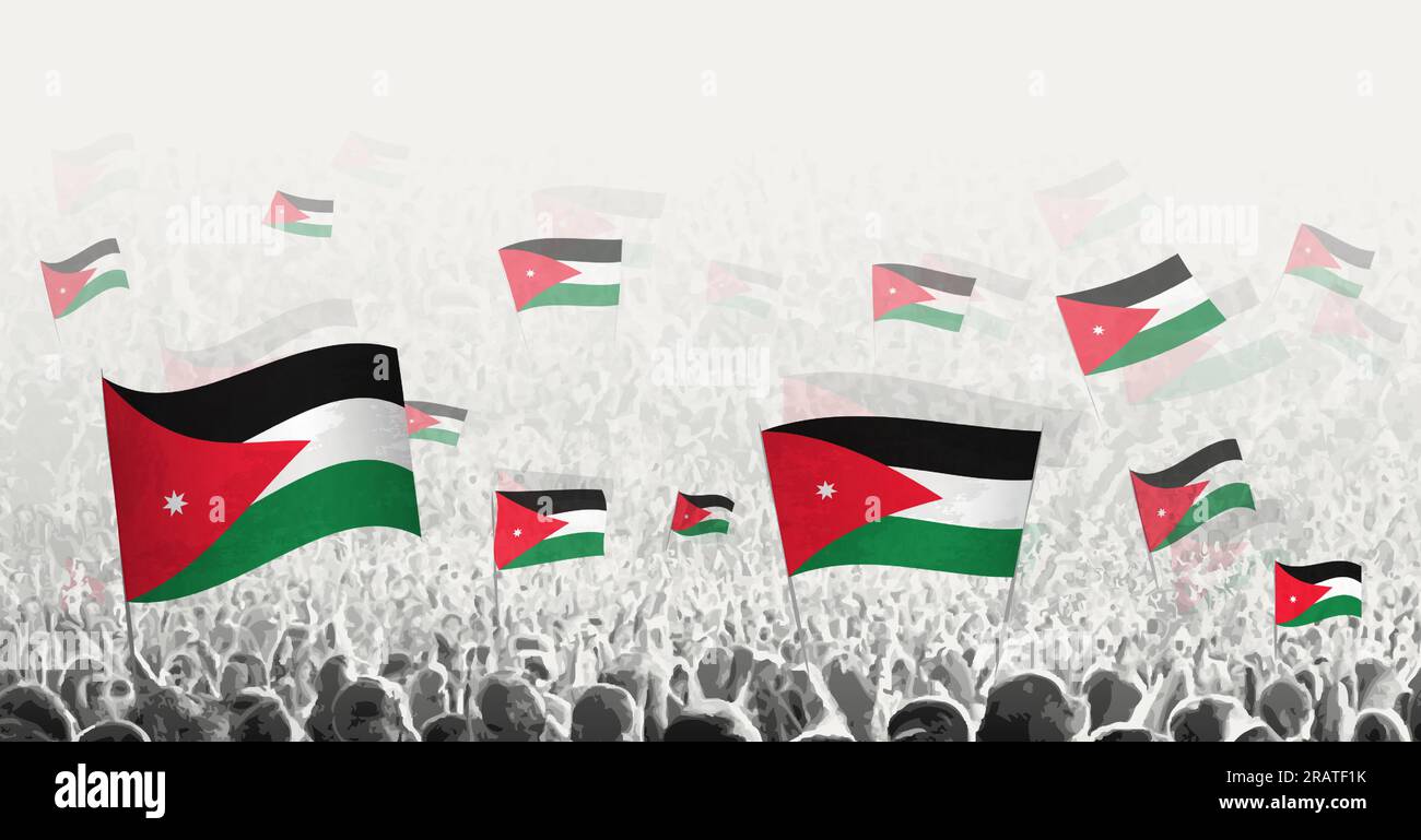 Abstract crowd with flag of Jordan. Peoples protest, revolution, strike ...