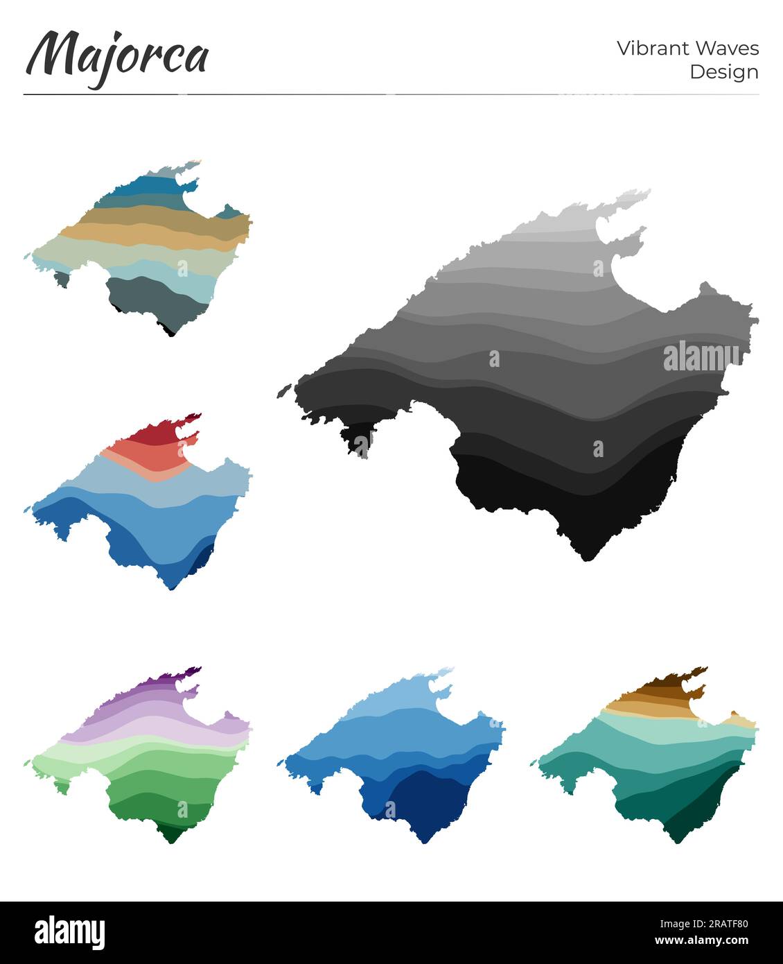 Set of vector maps of Majorca. Vibrant waves design. Bright map of island in geometric smooth ...