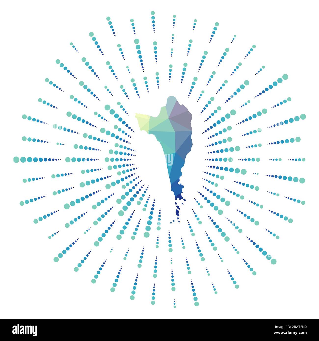 Shape of Phu Quoc, polygonal sunburst. Map of the island with colorful ...