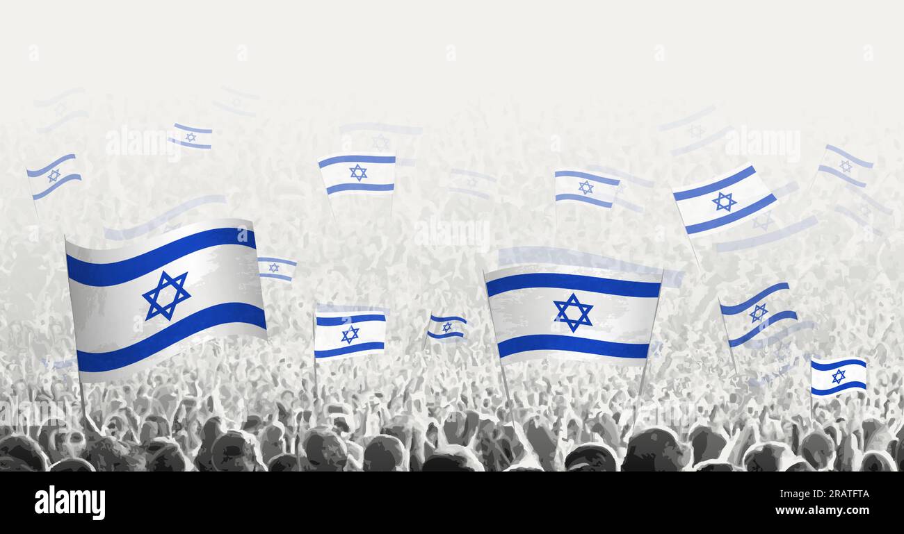 Abstract crowd with flag of Israel. Peoples protest, revolution, strike ...