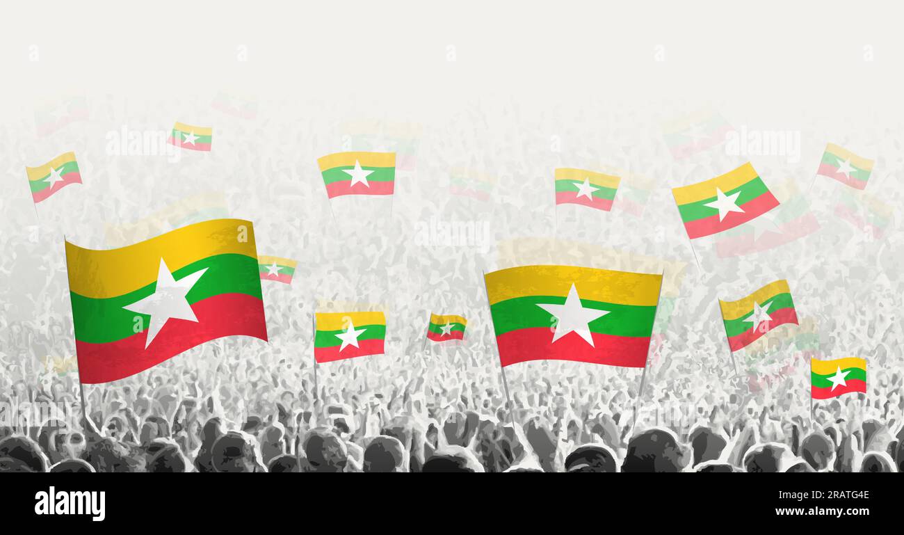 Abstract crowd with flag of Myanmar. Peoples protest, revolution ...
