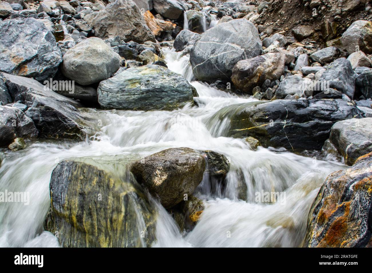 Flow of glacial water over the rocks alongside the silk road Stock ...