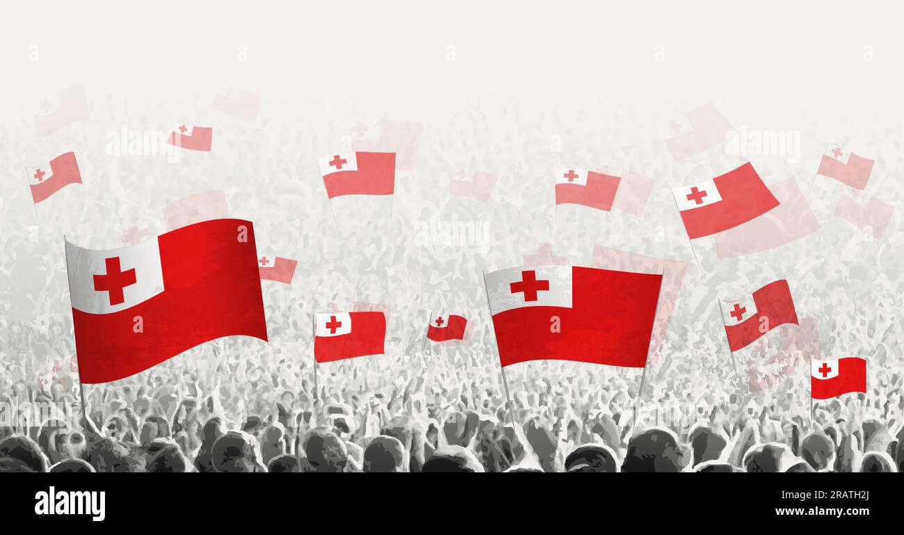 Abstract crowd with flag of Tonga. Peoples protest, revolution, strike ...