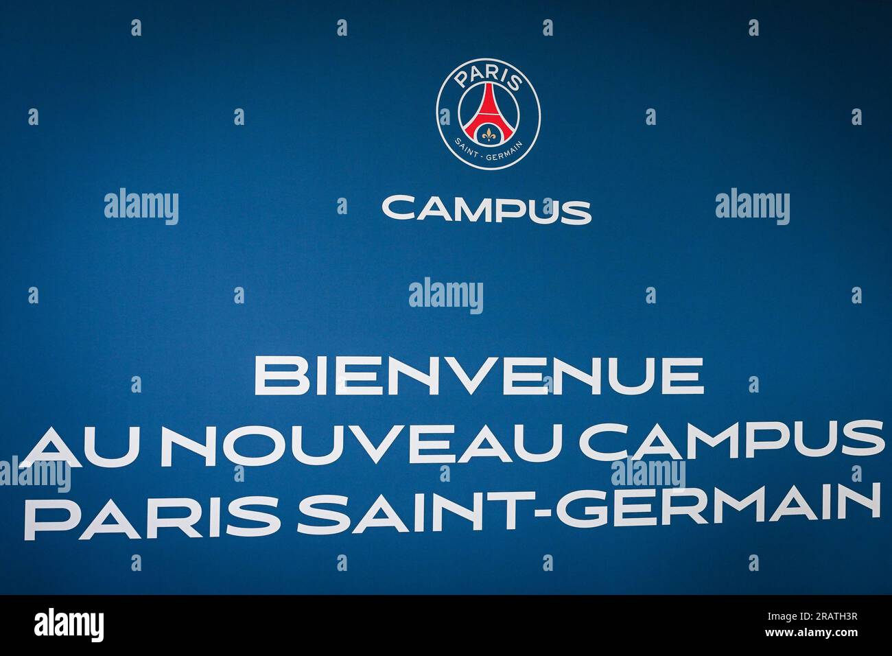The welcome sign of the Campus PSG, the new training centre for the ...