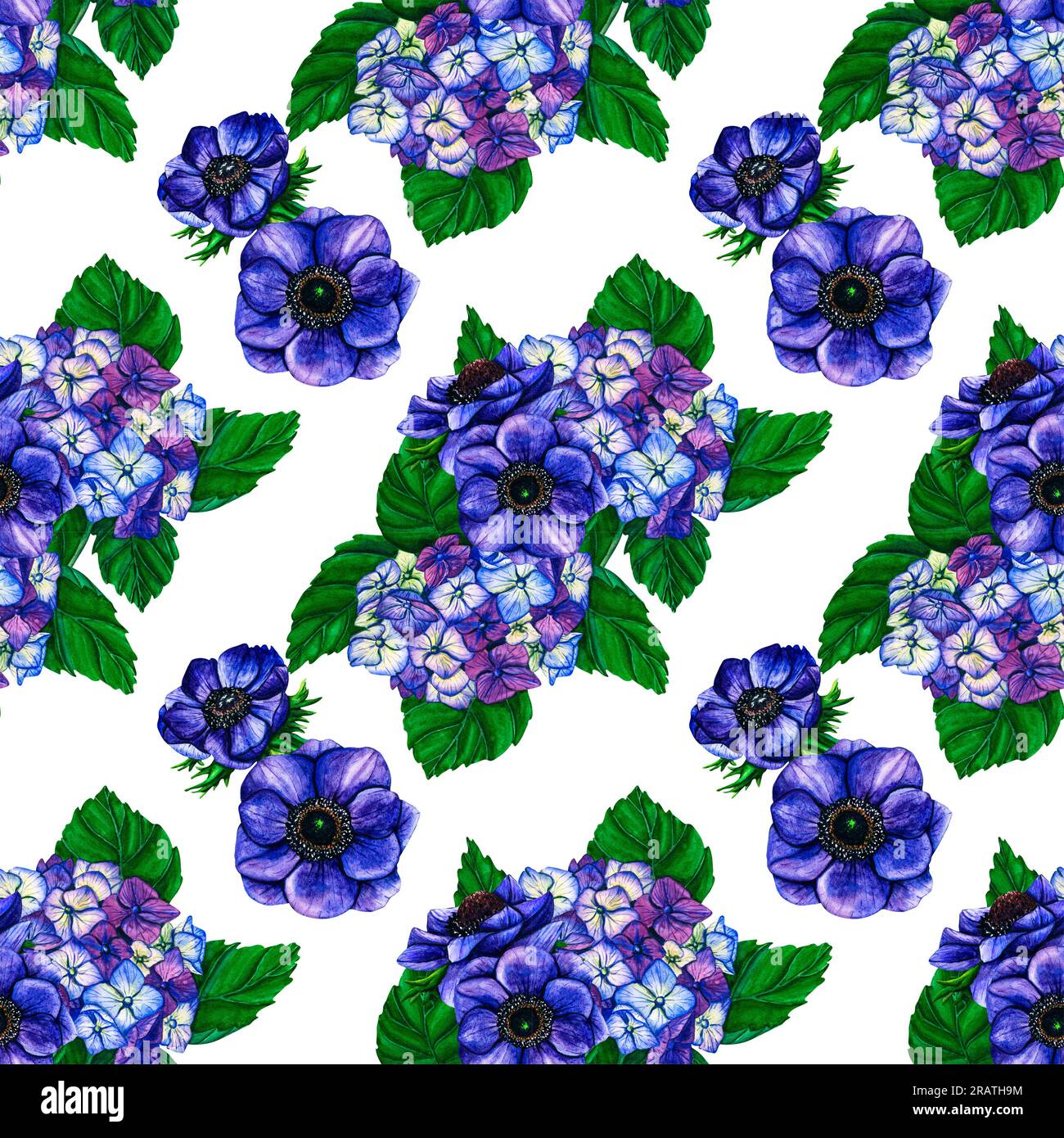 Hand drawn watercolor seamless pattern flowers violet anemone and ...