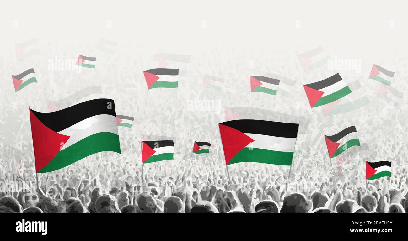 Abstract crowd with flag of Palestine. Peoples protest, revolution ...