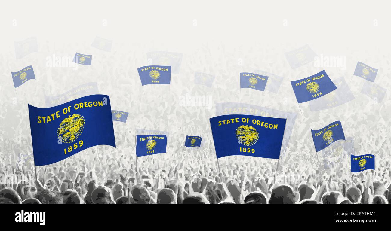 Abstract crowd with flag of Oregon. Peoples protest, revolution, strike ...