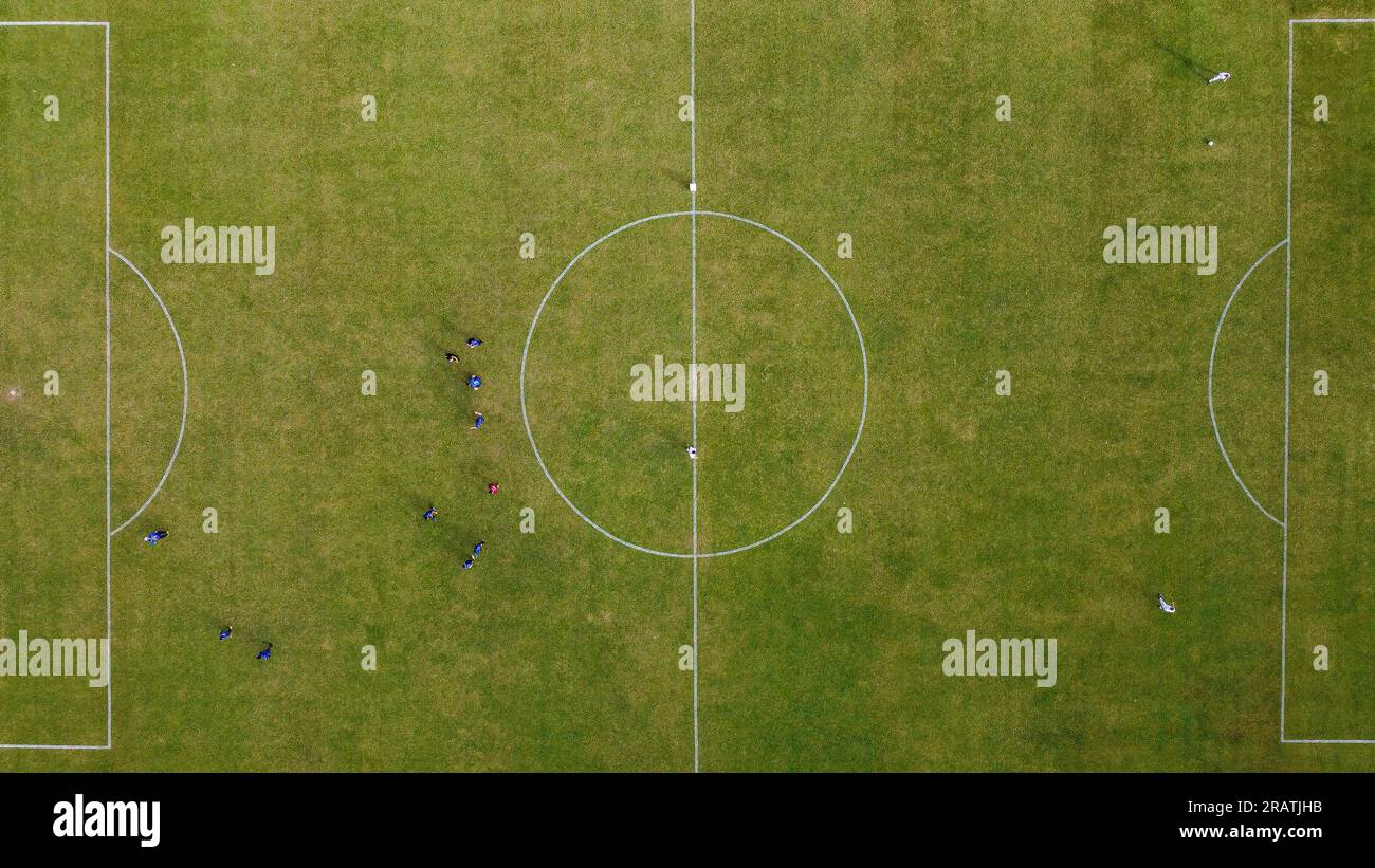 Football field with image made by drone and showing the lawn seen from ...