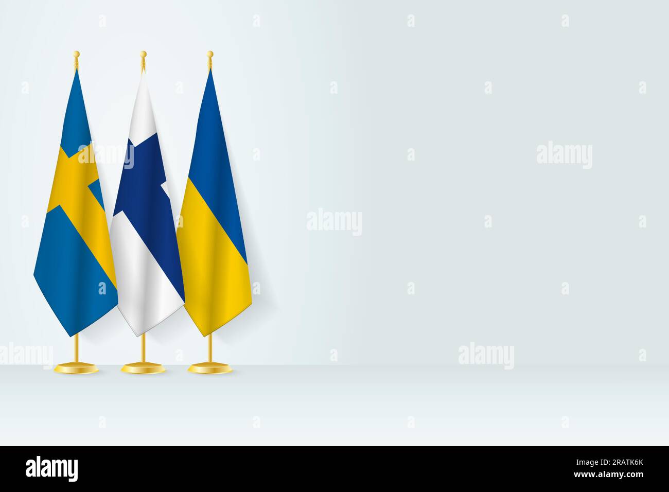 Flags of Sweden, Finland and Ukraine stand in row on indoor flagpole ...
