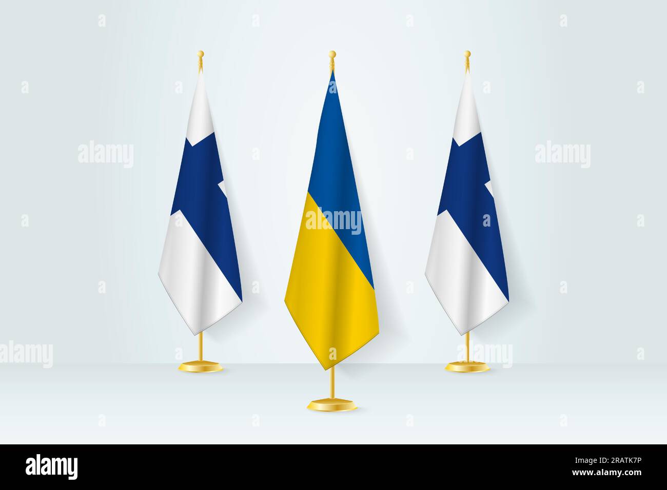 Meeting concept between Ukraine and Finland. Flags on a flag stand ...