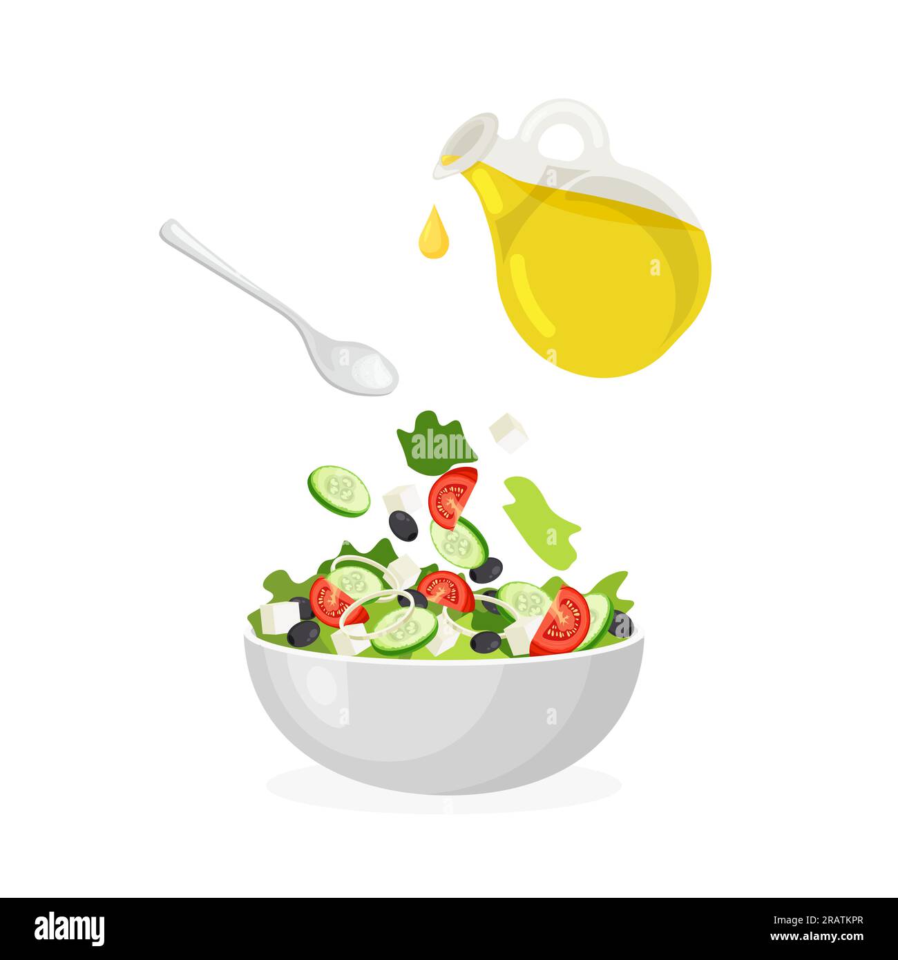 Vector greek salad recipe. Fresh vegetables, pinch of salt and drop of ...