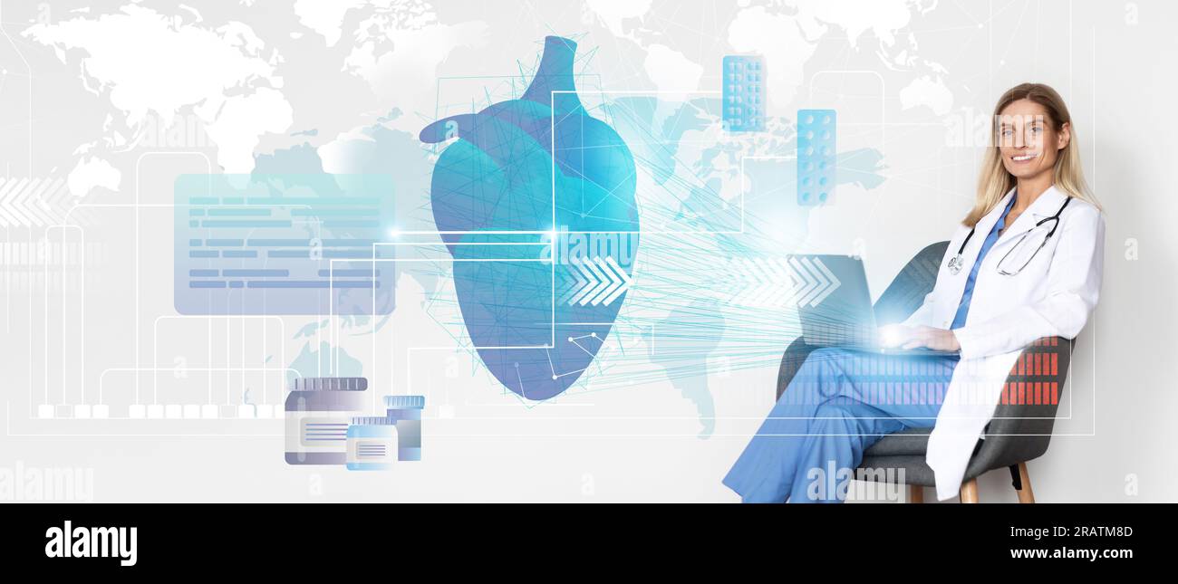 Pretty woman doctor cardiologist working online, using laptop, collage ...