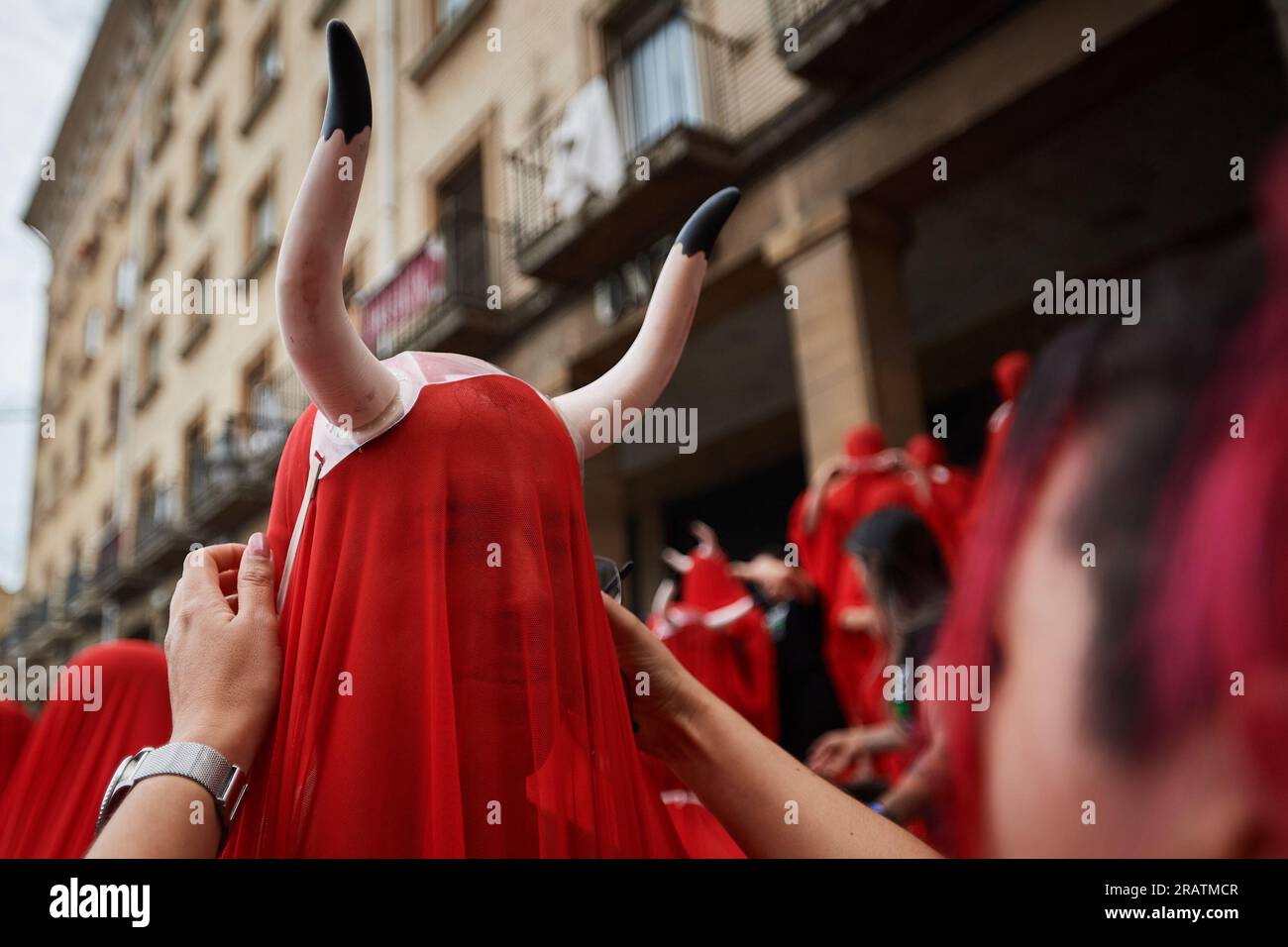 Pamplona, Spain. 05th July, 2023. Peta, anti-bullfighting protester ...