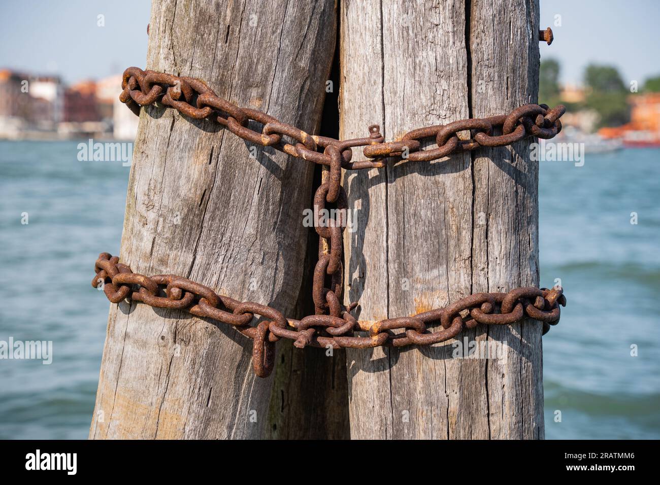 Vertical thick wooden posts called bricole (Venice bricola) on the ...