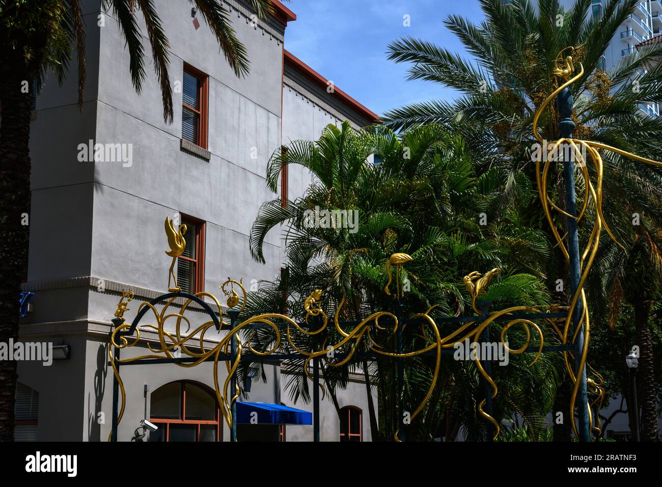 Gold fence in front of palm trees and a building in St. Petersburg ...