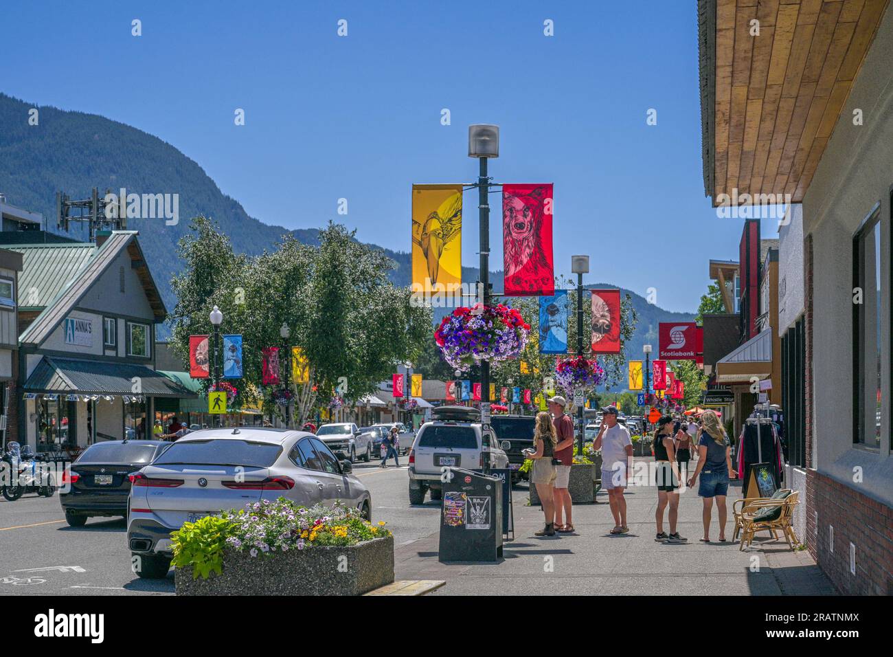 Lamp post banners, Cleveland Avenue, downtown, Squamish, British ...