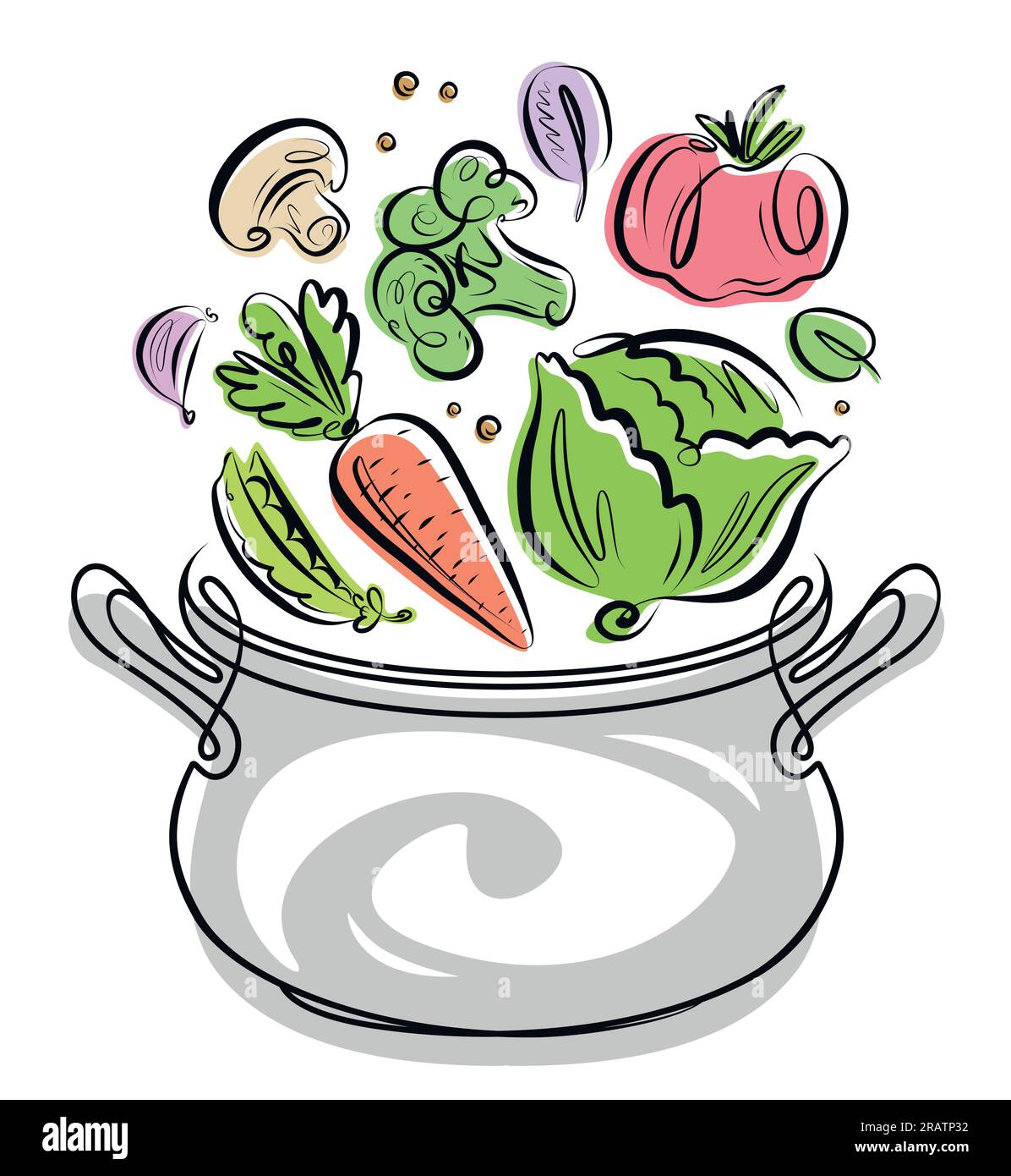 Cooking saucepan or kitchen pot. Kitchenware with and vegetables flying ...