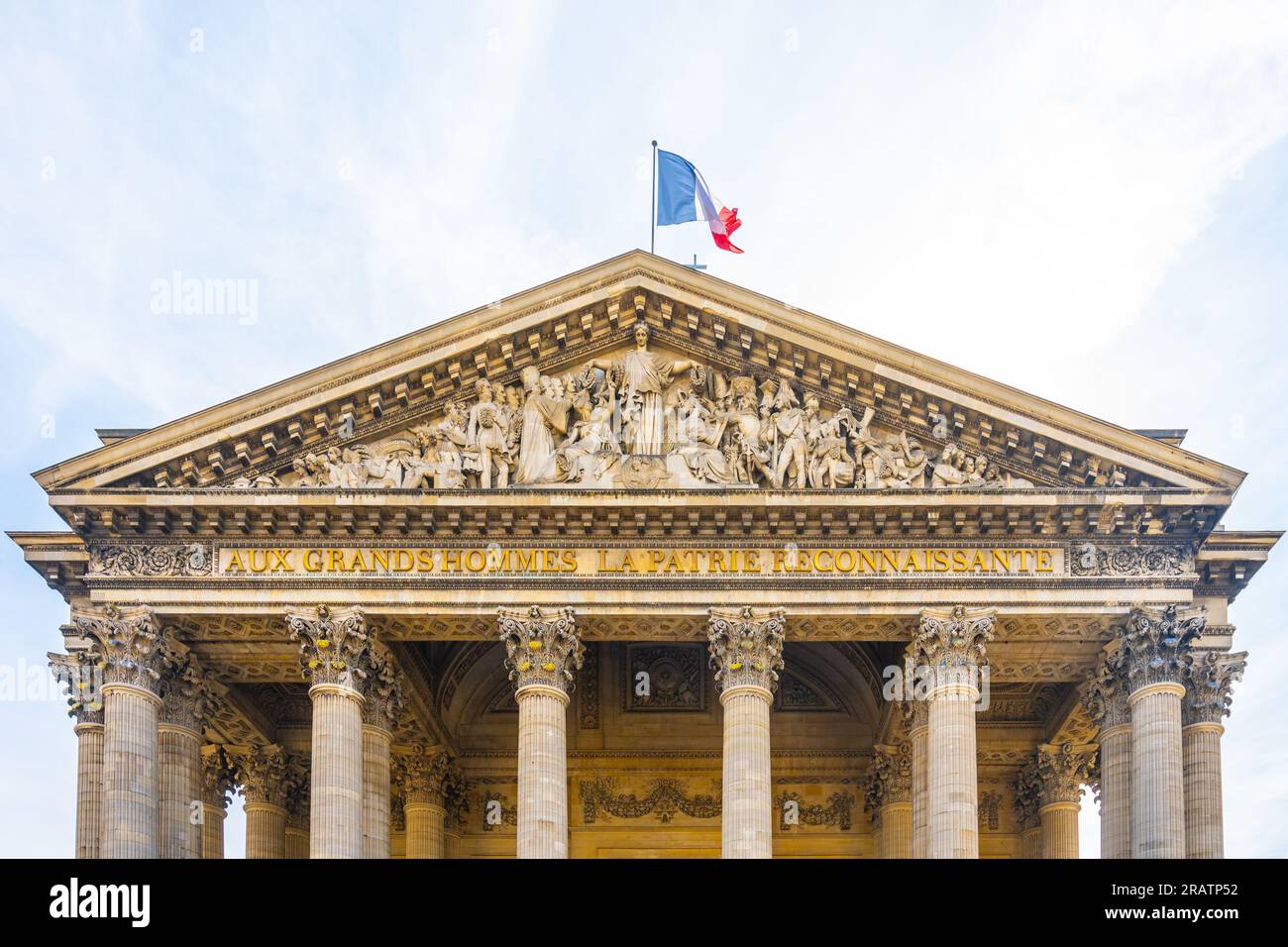 Front view of Tympanum and massive ancient columns of Pantheon in Paris ...