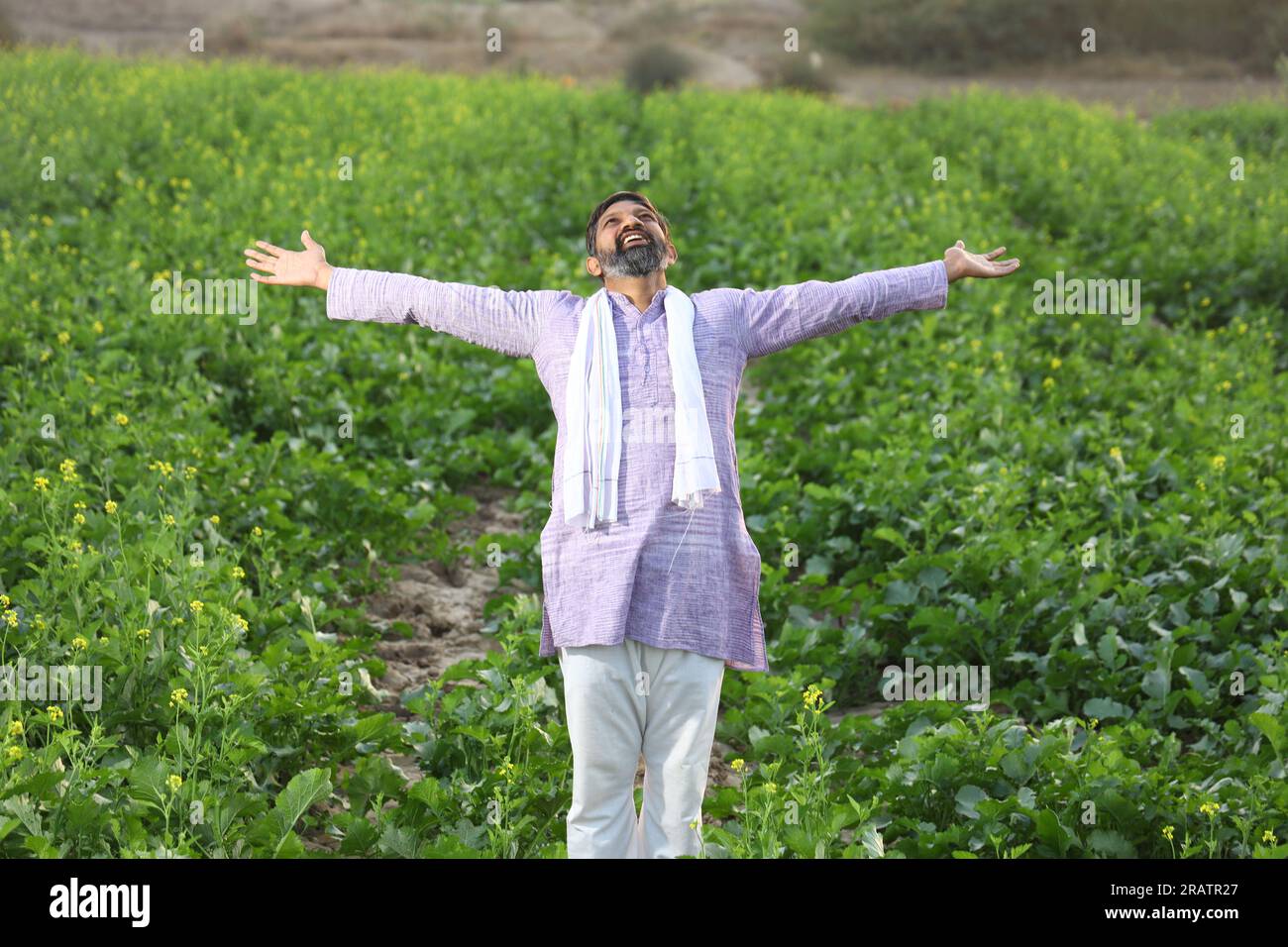 Portrait of Happy Indian farmer feeling the wind while standing in ...