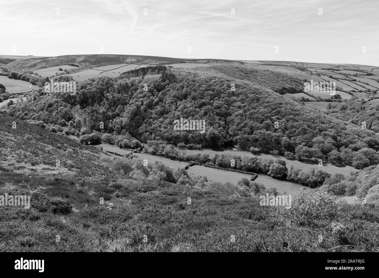 Black and white photo of the Doone valley in Exmoor National Park Stock ...