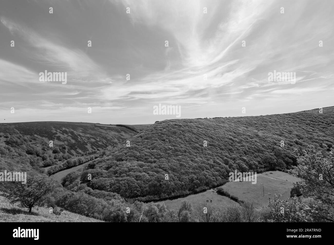 Black and white photo of the Doone valley in Exmoor National Park Stock ...