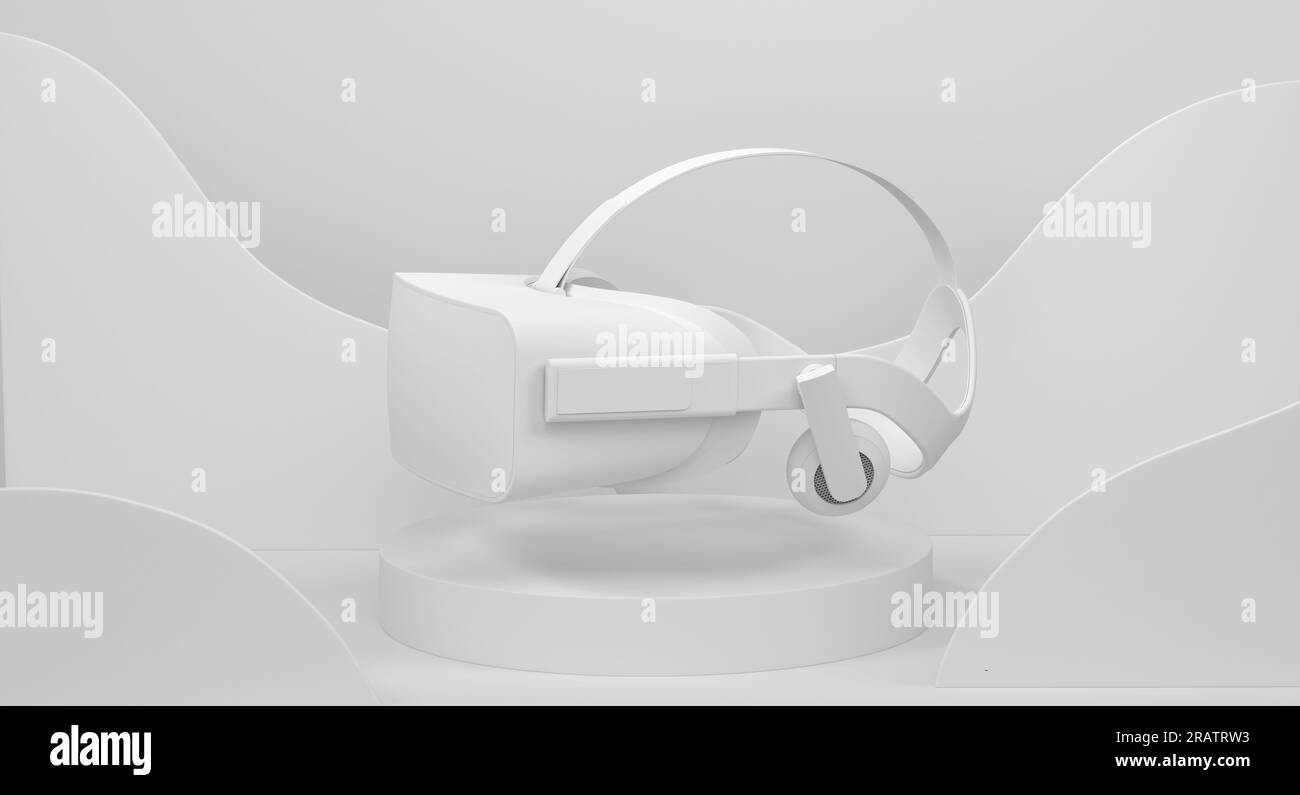 Virtual reality glasses on cylinder podium with steps on monochrome background. 3d render of ...