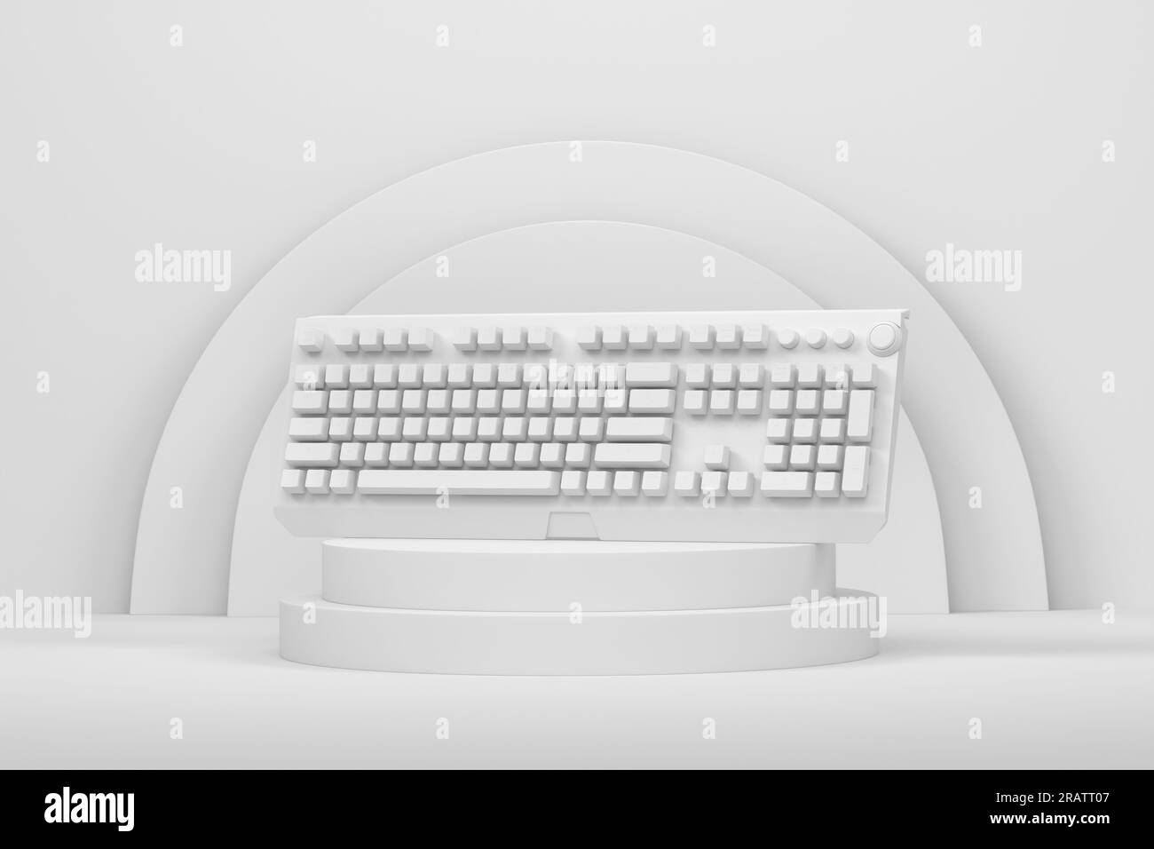 Realistic computer keyboard on cylinder podium with steps on monochrome ...