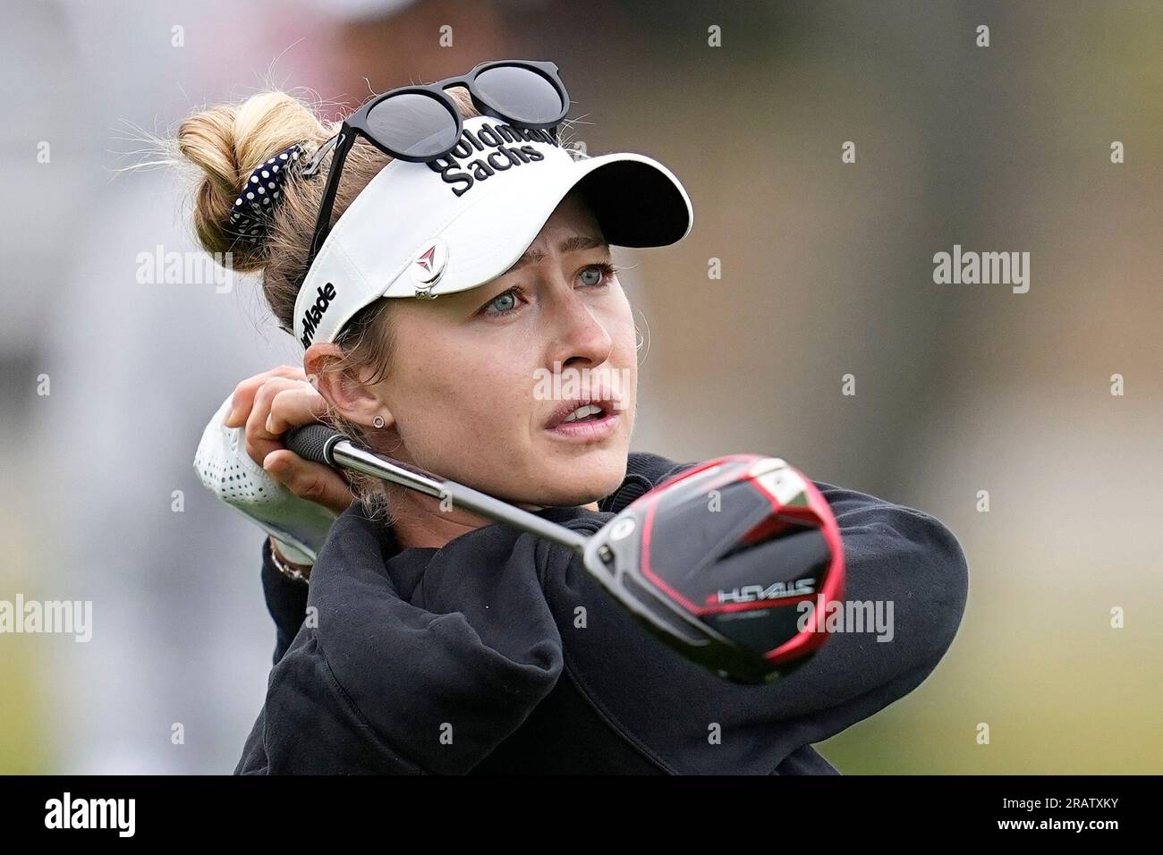 Nelly Korda watches her tee shot on the sixth hole during a practice ...