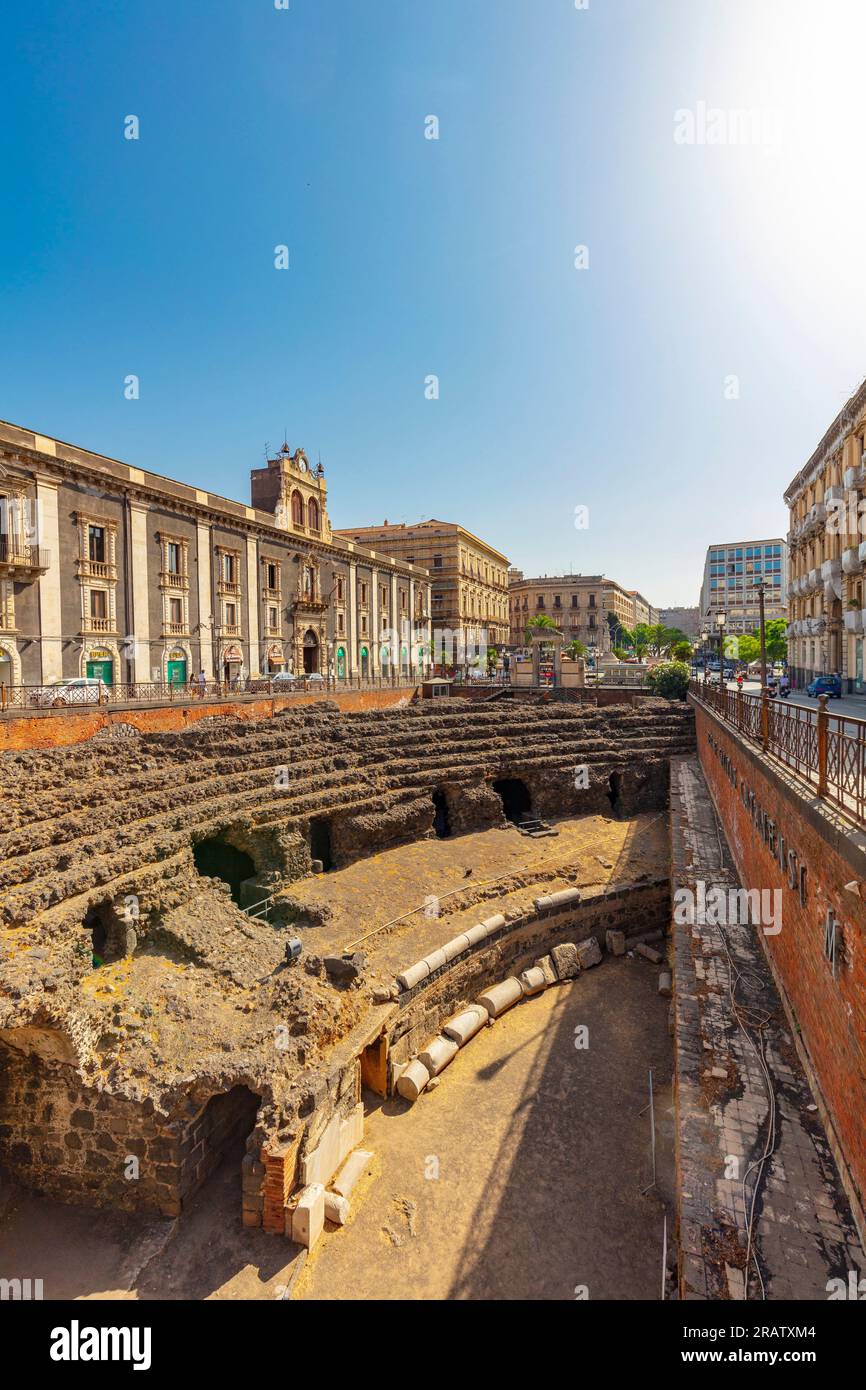 Stesicoro square, roman amphitheatre, Catania, Sicily, Italy Stock ...