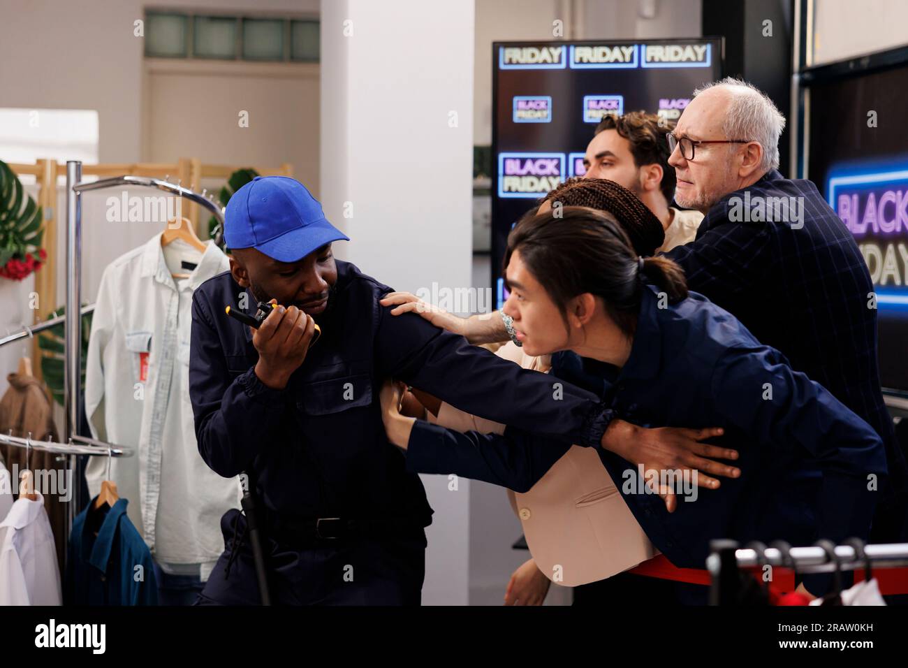 Crazy Black Friday Sales Stressed African American Man Security Guard