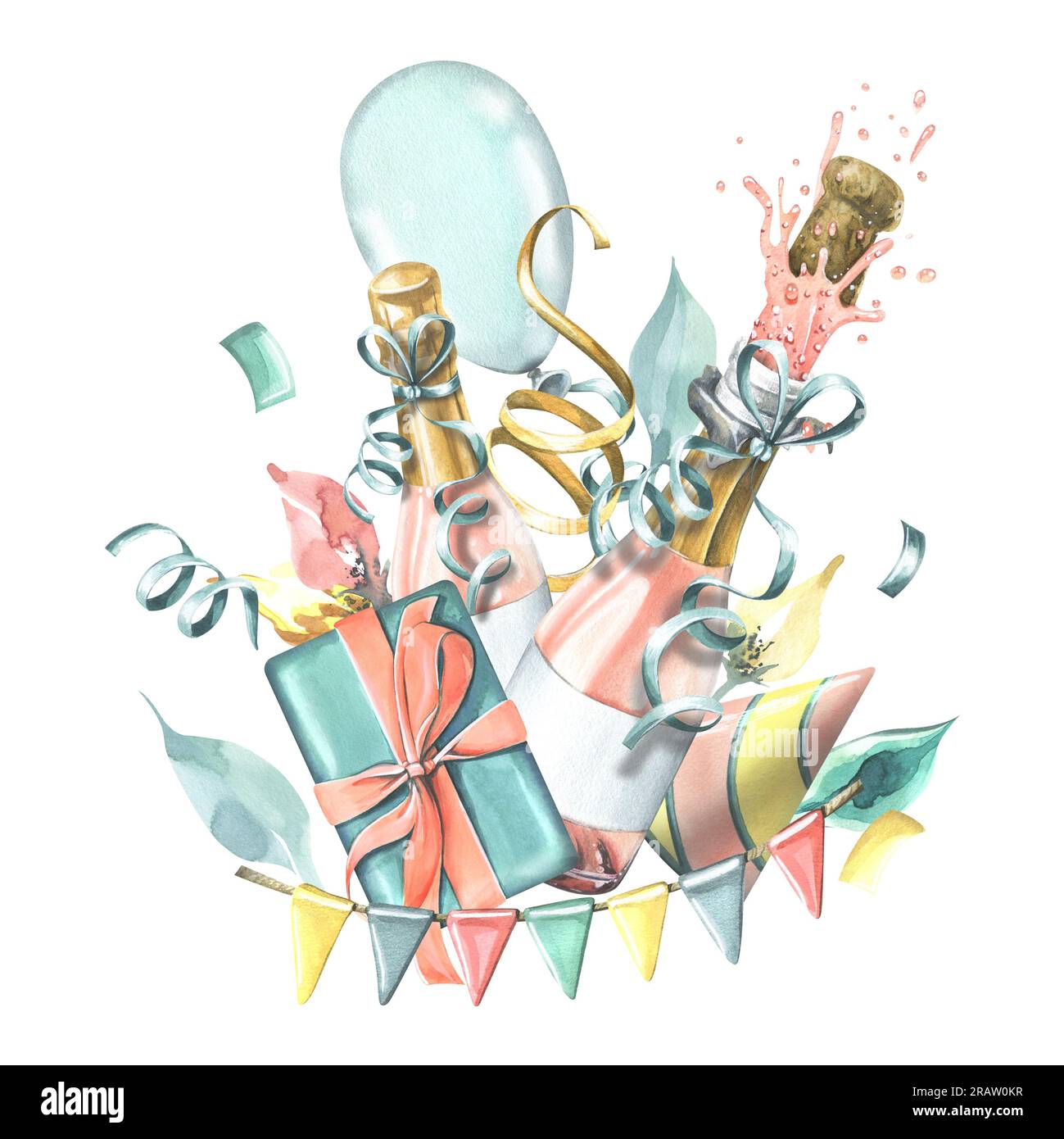 Pink champagne bottles with flying cork, gift box, holiday cone ...