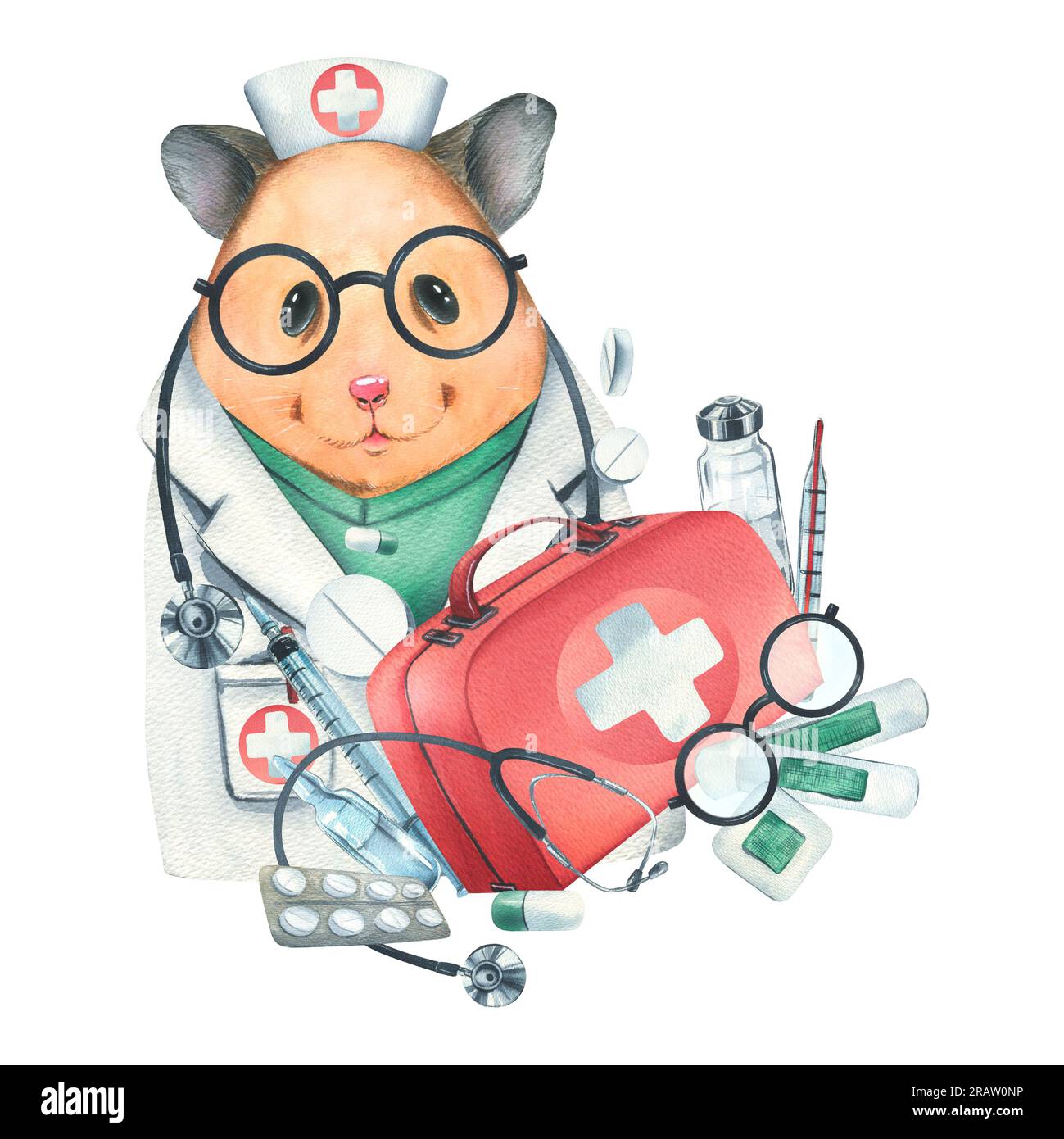 Hamster doctor in a dressing gown, glasses, with a stethoscope, a ...