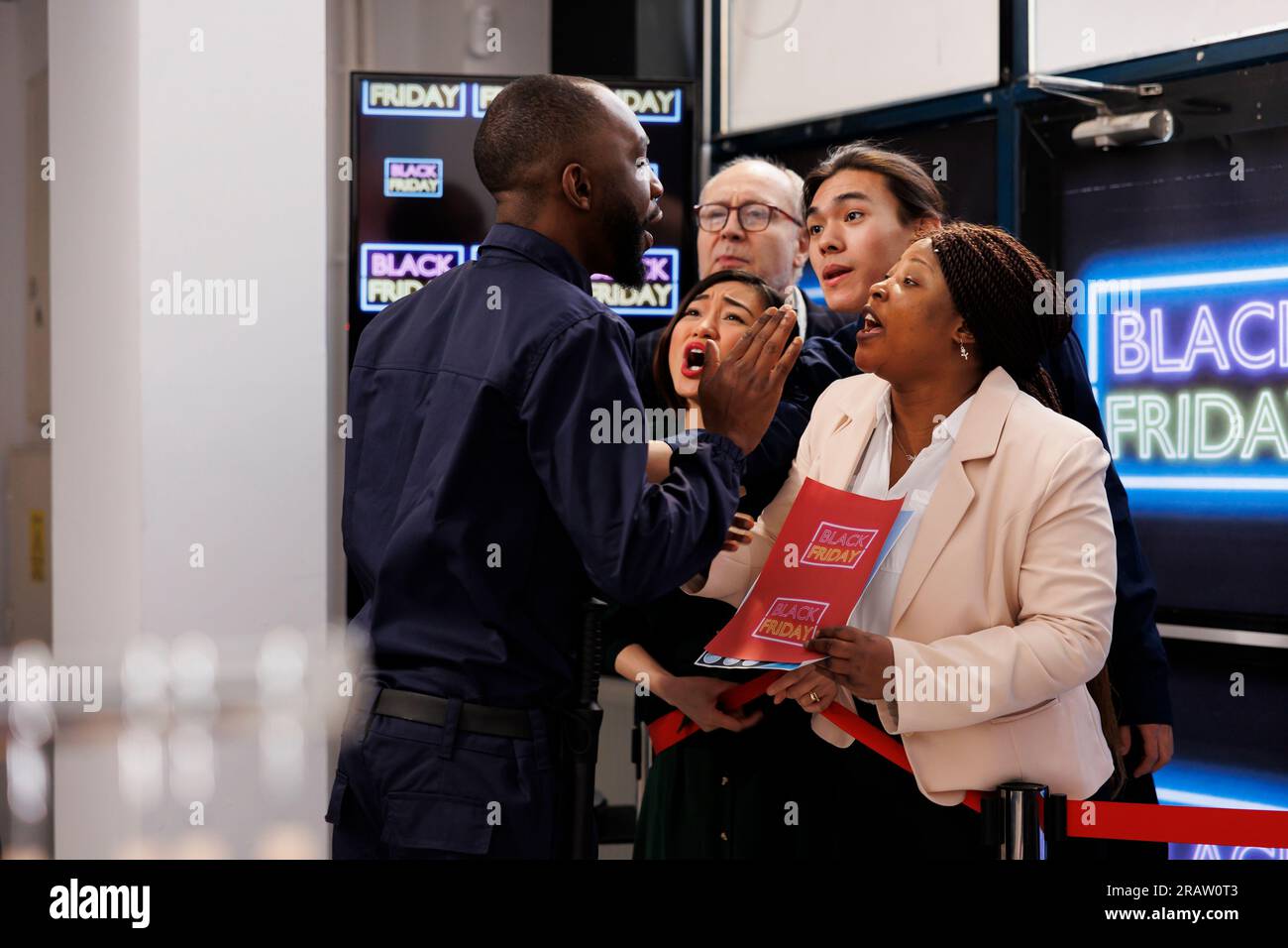 Impatient eager shoppers waiting in line to make Black Friday purchases ...