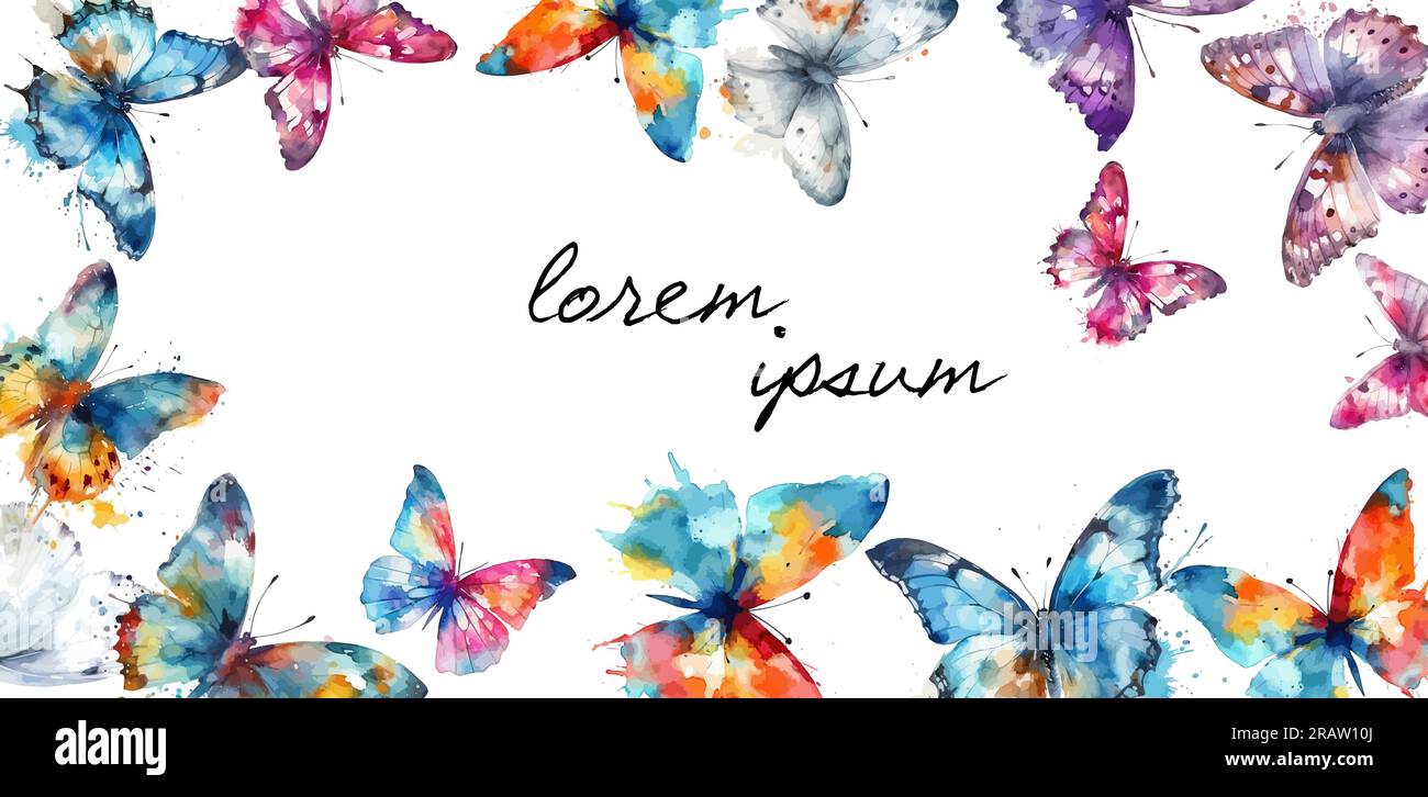 horizontal background frame with watercolor butterflies for text. Mixed ...